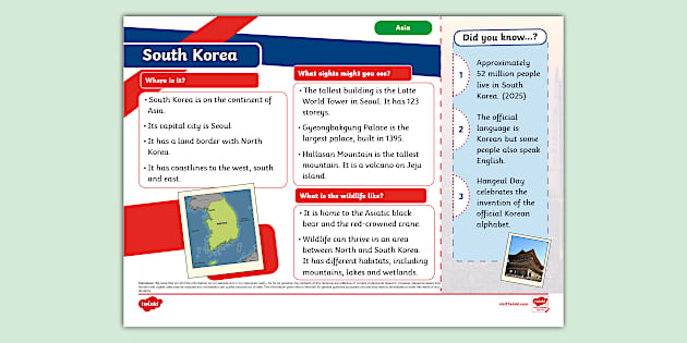 KS1 South Korea Fact File (teacher made) - Twinkl