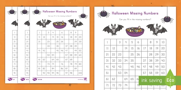 100 Square Missing Numbers Halloween Worksheet Twinkl