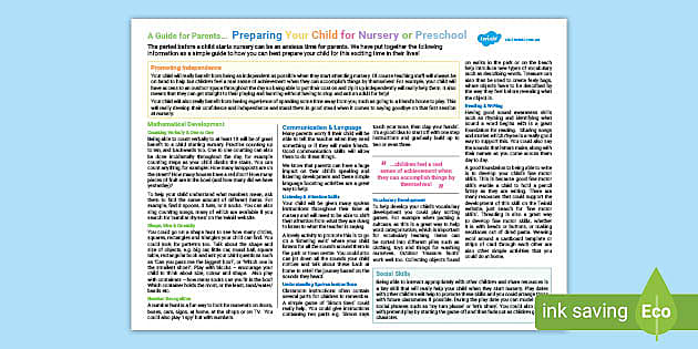 Preparing Your Child For Kindergarten/Pre-School Leaflet