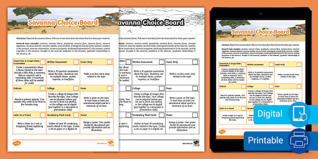 Savanna Biome Choice Board for 6th-8th Grade (teacher made)