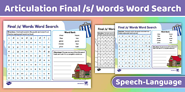 Articulation Final /s/ Words Word Search for SLP