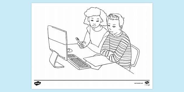 Children at a PC with Pen and Paper Colouring Sheet