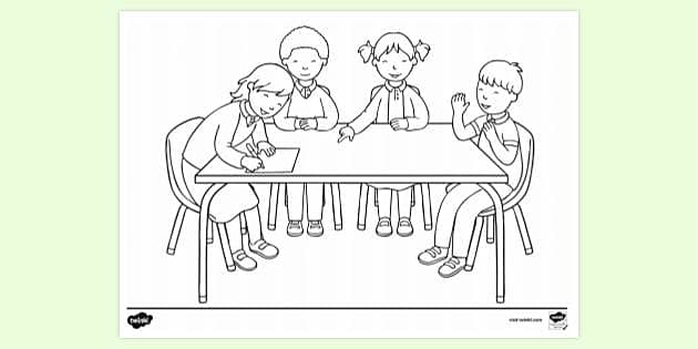 Children at a Table Studying Colouring Sheet | Twinkl