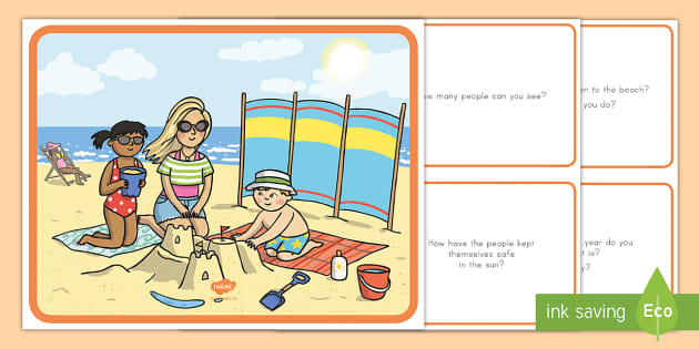 Summer Beach Scene Cards | Comprehension Questions for Kids