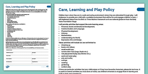 Care, Learning and Play Policy for Childminders - Twinkl