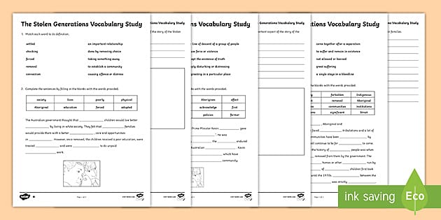 Stolen Generations Vocabulary Study Differentiated Activity