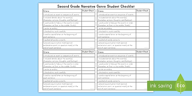 Second Grade Narrative Writing Genre Student Checklist