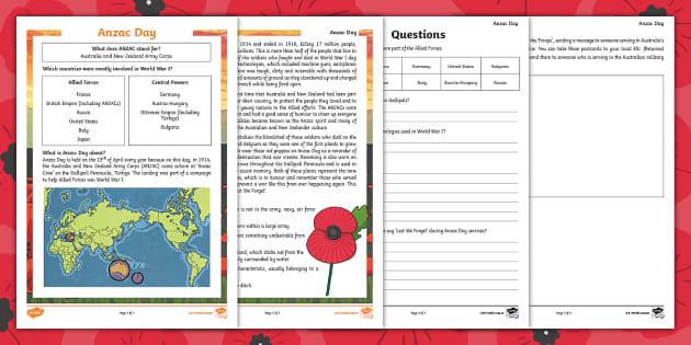 Anzac Day for Older Students Reading Comprehension Activity