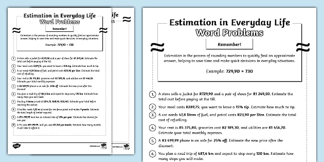 Estimation in Everyday Life - Word Problems Worksheet