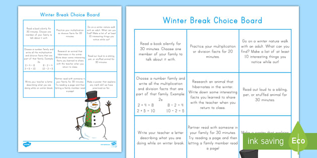 Third Grade Winter Break Choice Board