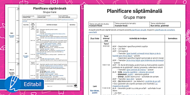 FREE! - Bun-rămas, grădiniță! – Planificare săptămânală grupa mare