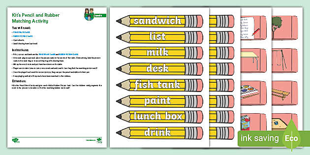 Level 4 Back to School Kit's Pencil and Rubber Matching Activity