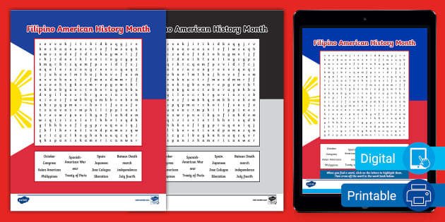 Eighth Grade Filipino American History Month Word Search Worksheet