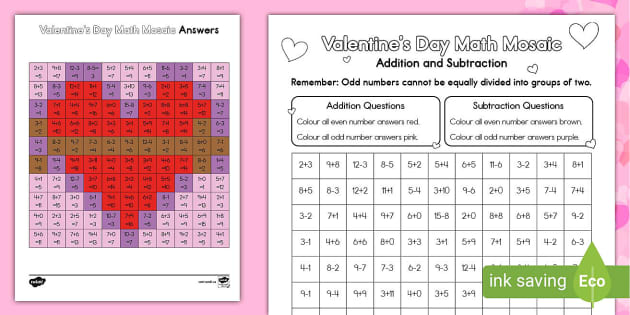 FREE Valentine's Day Math Mosaic Addition and Subtraction Activity