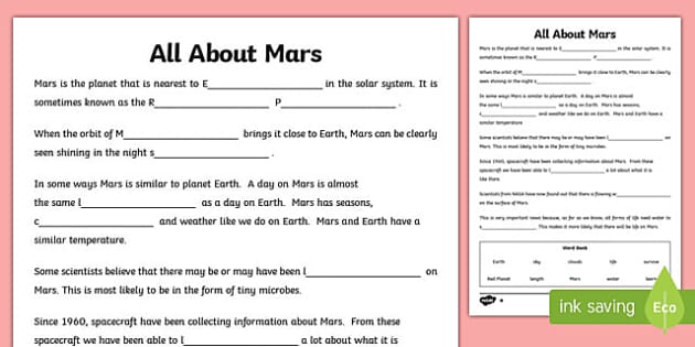 Mars Differentiated Cloze Activity - mars, space, planets