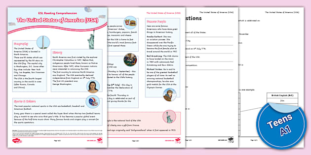 ESL Reading Comprehension - The United States of America