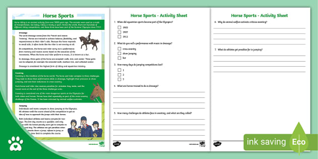 Horse Sports - Reading Comprehension - KS2 - Twinkl Pets