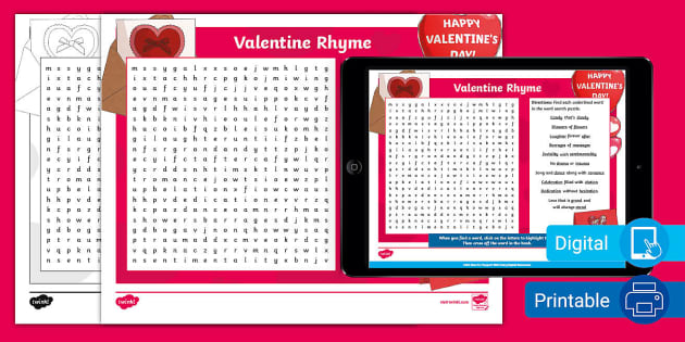 Eighth Grade Valentine Rhyme Word Search (teacher made)