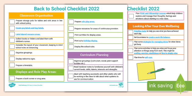 Staff Wellbeing Back to School Checklist - KS1 - Twinkl