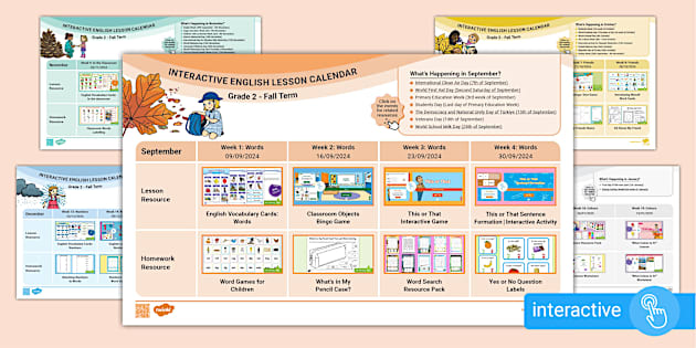 FREE! - Interactive English Lesson Calendar | Grade 2 - Fall Term