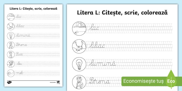 Litera L: Citește, scrie, colorează – Fișă de lucru