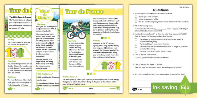 KS1 Tour de France Differentiated Reading Comprehension Activity