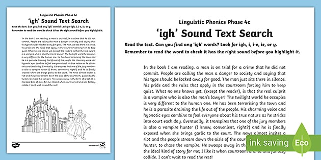Linguistic Phonics Phase 4c ‘igh’ Sound Text Search Worksheet
