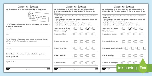 Correct the Sentence Punctuation Activity