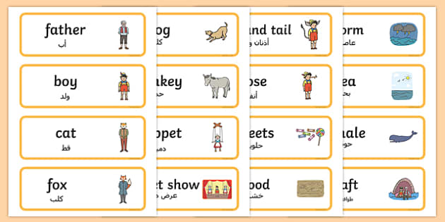 Pinocchio Word Cards Arabic Translation (teacher made)