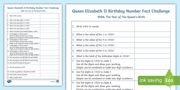 Queen Elizabeth II Birthday Number Fact Challenge Worksheet