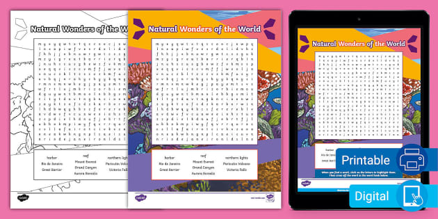 Natural Wonders of the World Word Search for 3rd-5th Grade