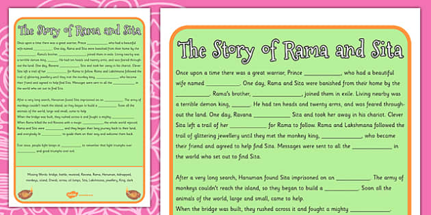 The Story of Rama and Sita Cloze Worksheet - diwali, hinduism