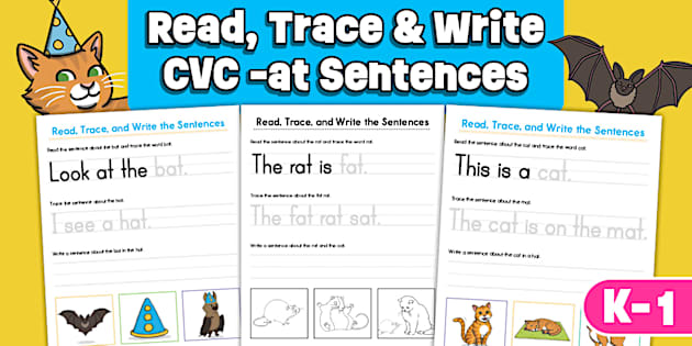 Read, Trace, and Write CVC -at Word Family Worksheets
