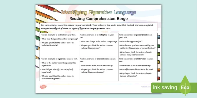 Identifying Figurative Language Reading Comprehension Bingo