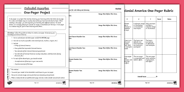Colonial America One-Pager Project for 6th-8th Grade