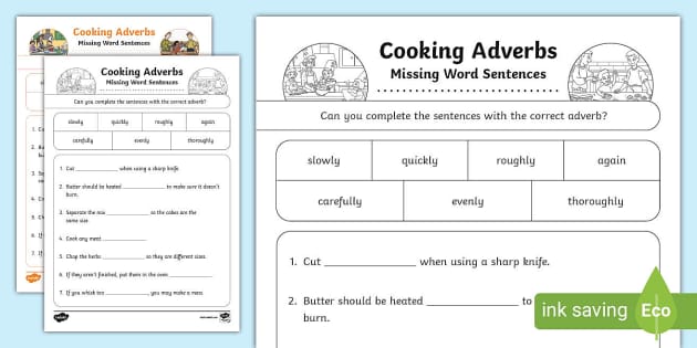Cooking Adverbs Missing Word Sentences Worksheet - Twinkl