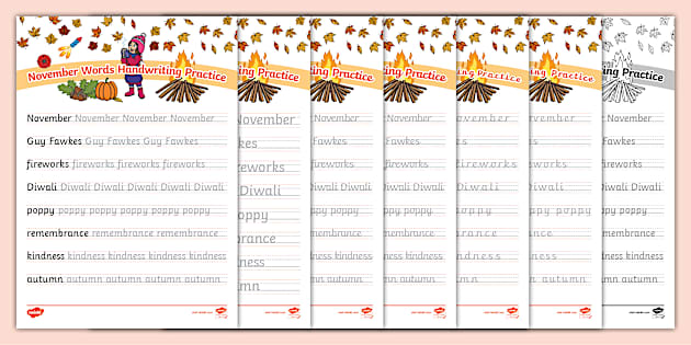 November Words Handwriting Practice Worksheet