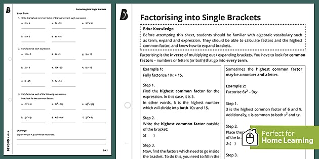 👉 Factorising Worksheet - Home Learning | KS3 Maths | Beyond