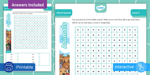 Animals Word Search - Level 2 - Twinkl - Kids Puzzles