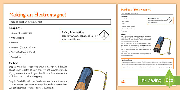 Electromagnet Investigation Instruction Sheet Print-Out