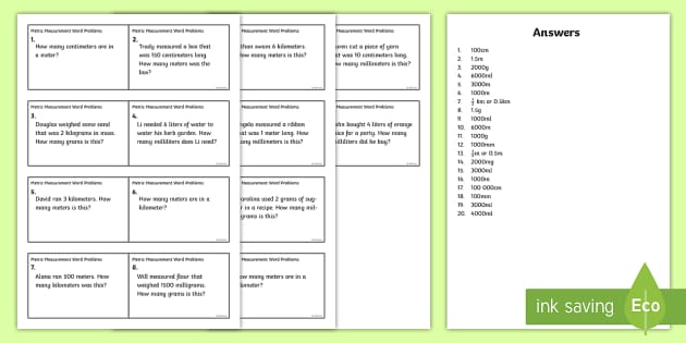 Metric System Worksheet - Word Problem Cards - Twinkl Math