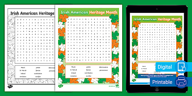 Irish American Heritage Month Word Search for 3rd-5th Grade