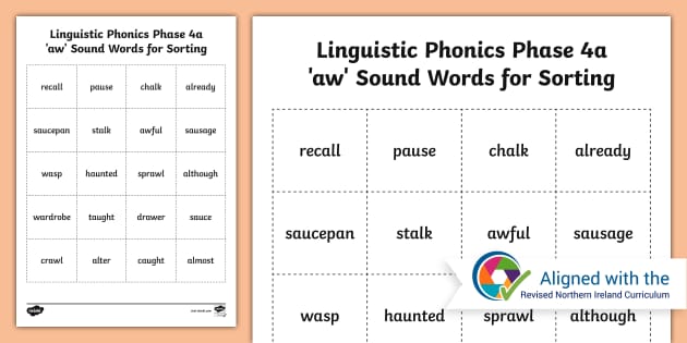 Linguistic Phonics Phase 4a ‘aw’ Sound Words for Sorting