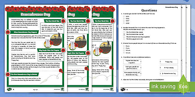 Remembrance Day Reading Comprehension KS2 | Primary Resource