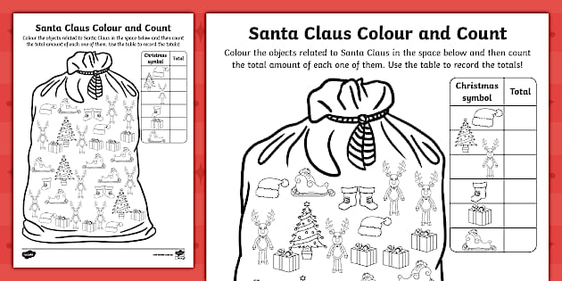 Santa Claus Colour and Count Worksheet - Twinkl