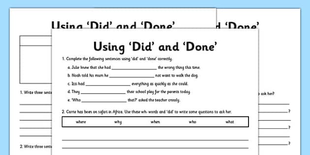 Using 'Did' and 'Done' Differentiated Worksheet Pack - pack
