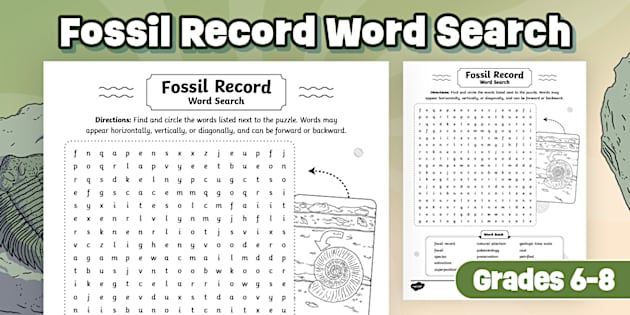 Fossil Record Science Word Search for 6th-8th Grade