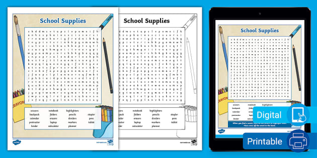 School Supplies Word Search for 6th-8th Grade - Twinkl