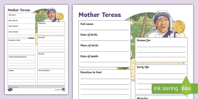Mother Teresa Fact File Template (teacher made) - Twinkl