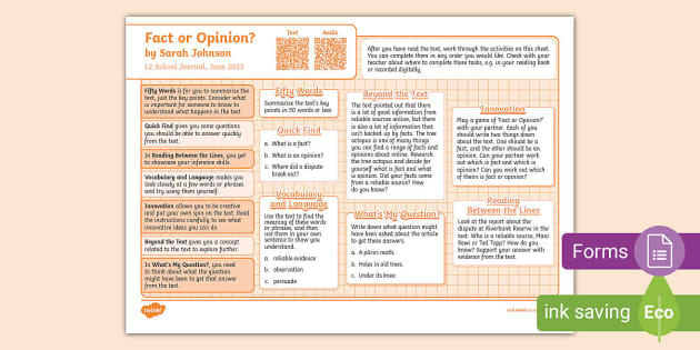 Level 2 June 2023 School Journal: Fact or Opinion? Article Follow-Up